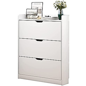 Shoe Bench Shoe Rack Organizer White Wooden Cabinet, Balcony Home Entrance Portable Pull Down Storage Cabinet 3 Tier High Capacity Storage Shoe Cabinet Space Saving