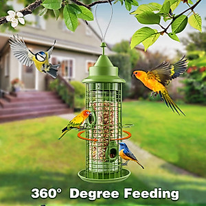 Decflow Bird Feeder, Wild Metal Bird Feeders for Outside with 4 Feeding Ports, Squirrel Proof Hanging Birds Feeders and Garden Decoration Yard for Bird Watchers, 2.2-Pound Seed Capacity.
