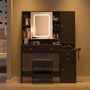 Vanity Table with Mirror, Lights and Charging Station - Glass Top Vanity with 3 Drawers, Jewelry Cabinet and Sliding Door, 42.8 Inches