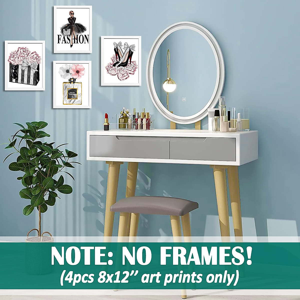 Lodintech Fashion Wall Art Bedroom Aesthetic Canvas Pink Art Prints Wall Decor Black White Fashion Posters Wall Pictures Gray Pink Room Decor Perfume High Heels Flowers Wall Art Prints 8x12'' Unframed