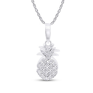 Round Cut Natural Diamond Pineapple Pendant Necklace For Women Along With 18" Chain In 14K White Gold Over Sterling Silver Jewelry (1/10 Cttw, I-J Color, I2-I3 Clarity)