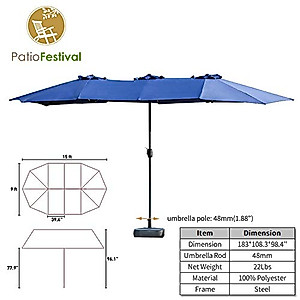 PatioFestival Double-Sided Outdoor Umbrella,15x9 ft Aluminum Garden Large Umbrella with Tilt and Crank for Market,Camping,Swimming Pool (Middle, Blue)