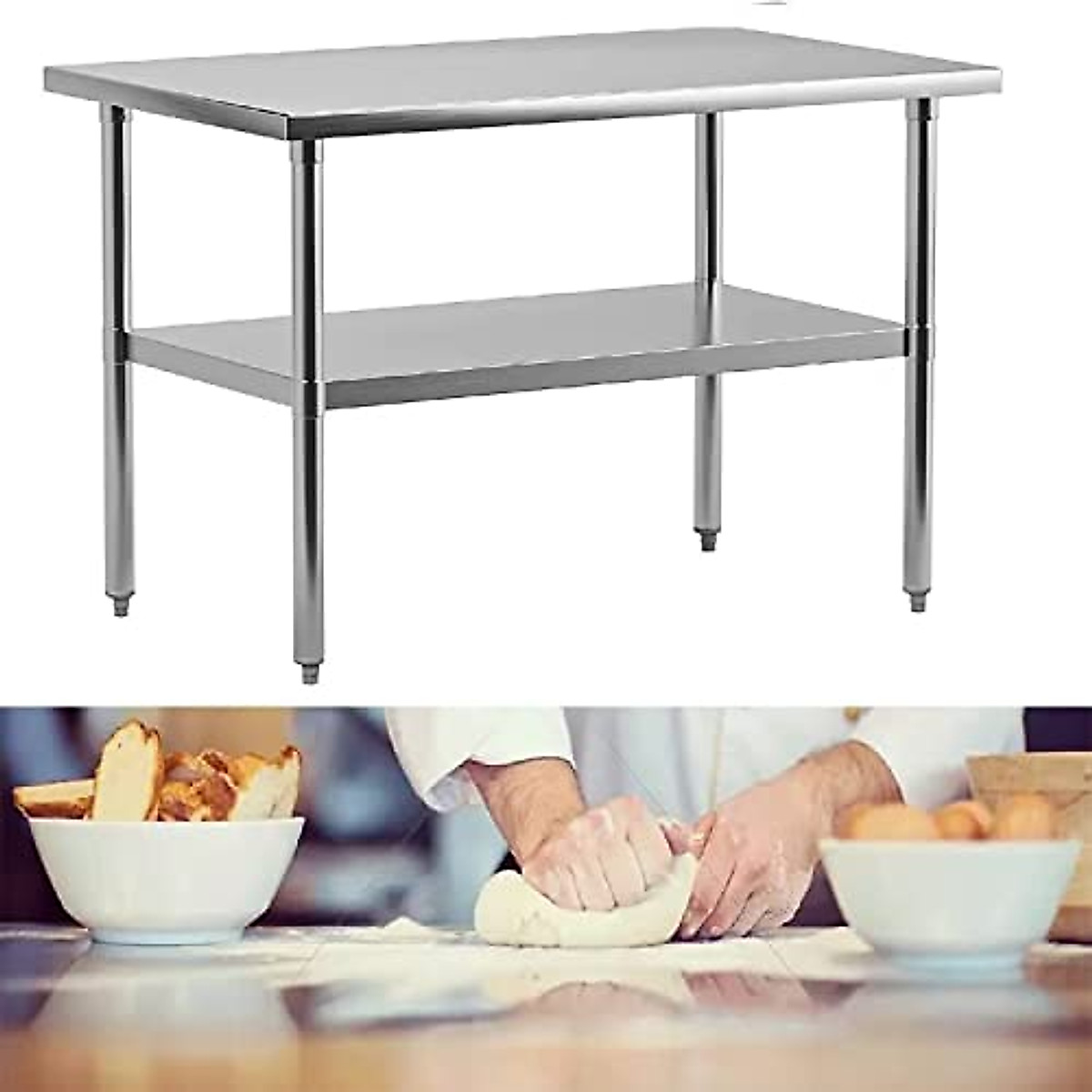 Saranya 18 Shop New Modern Silver 60 inches Stainless Steel Work Table with Wheels Adjustable Cook Under Prop Food Strong Commercial Cafeteria Shelf Kitchen Restaurant Office Home 60"L x 30"W x 34"H