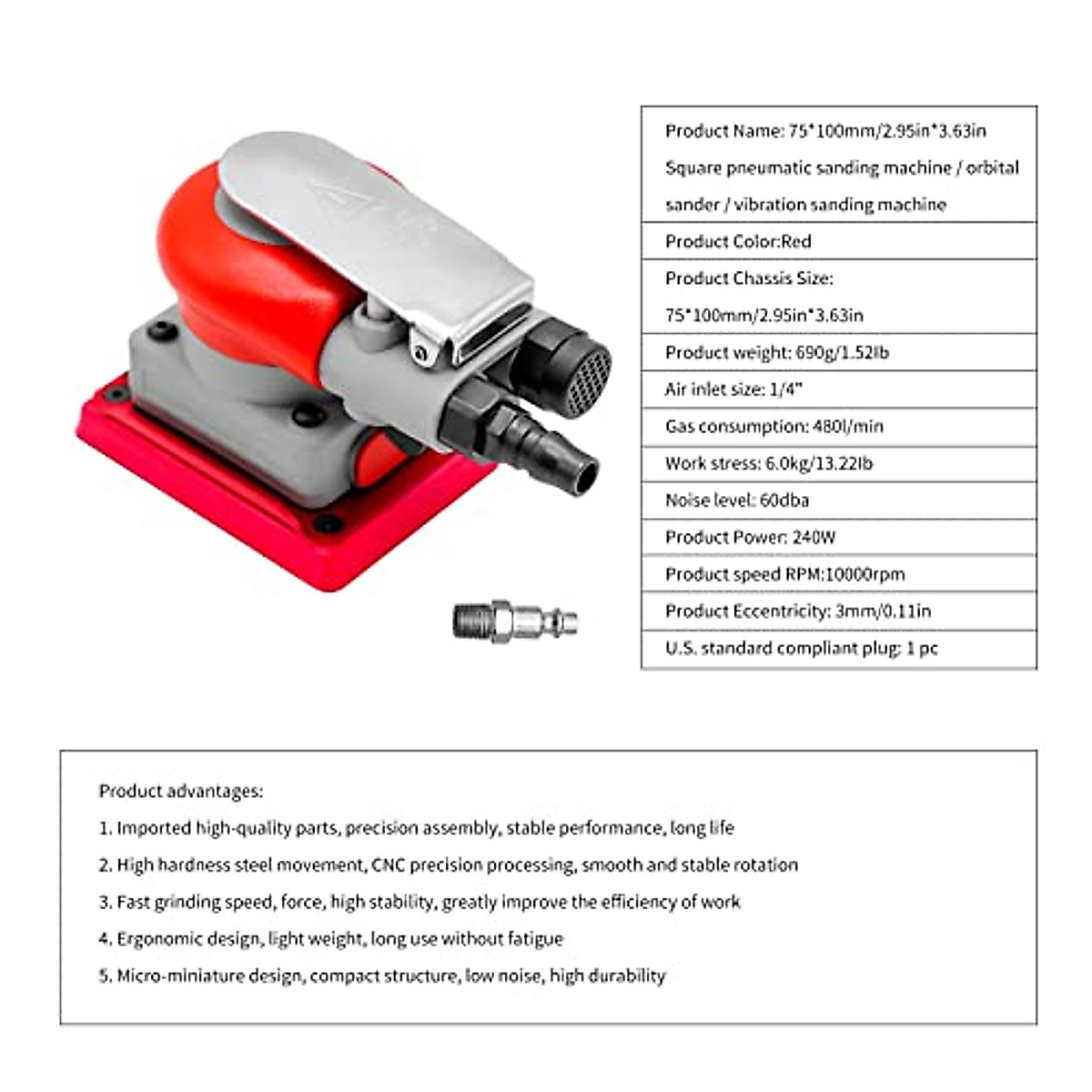 DATOUBOSS Pneumatic Palm Sander Square Air Random Orbital Sander for Car Waxing，Auto Body Work, Wood working Car Polisher Sets with Sanding Pad and 15 Pcs Sandpapers