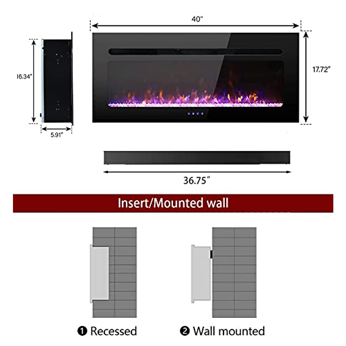 40 Inch Electric Fireplace Inserts, Low Noise Wall Mounted Fireplace Heater with Remote Control, 1-8 Hrs Timer, Touch Screen, Adjustable Flame Color and Speed for Living Room Bedroom