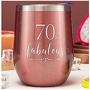 Crisky Rose Gold 70 & Fabulous Wine Tumbler for Women 70th Birthday Gifts for Women, Wife, Mom, Sister, Aunt, Friends, Coworker Her, Vacuum Insulated Coffee Cup,12oz with Box, Lid, Straw