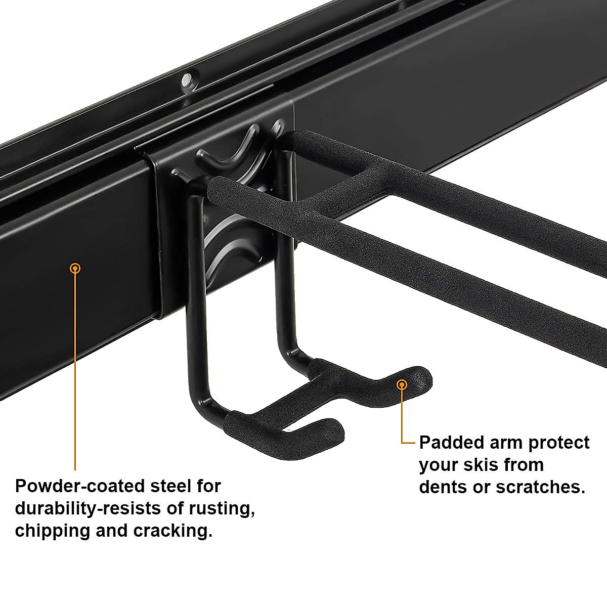 Hutigertech Ski Wall Rack, 5 Pairs of Snowboard Wall Storage Rack, Home and Garage Skiing Storage Rack Wall Mount, Adjustable Rubber-Coated Hooks Hold up to 500lbs