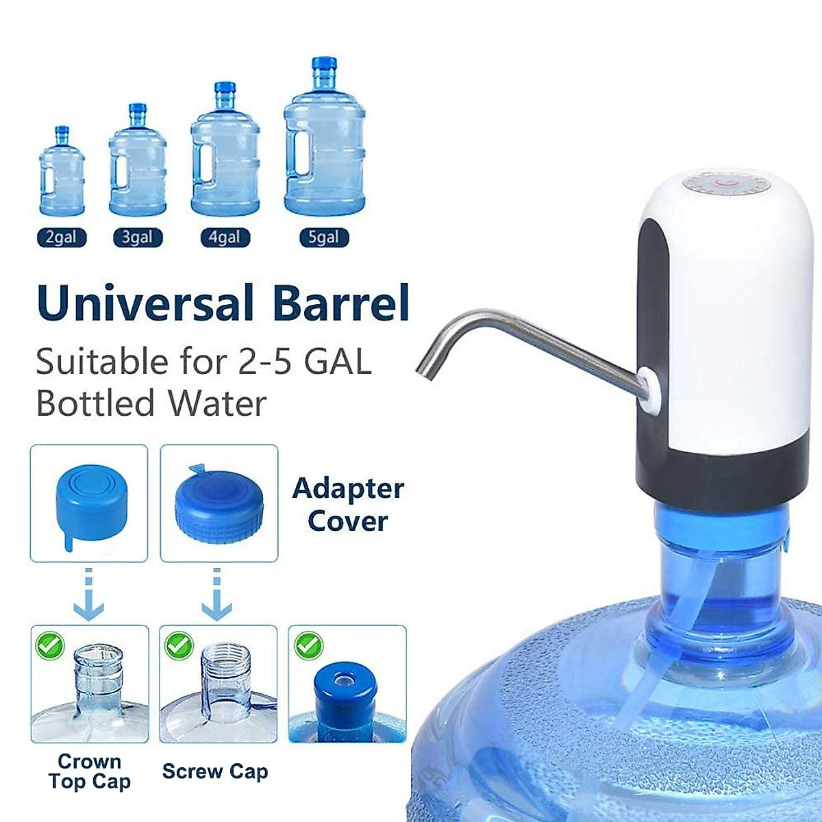 Water Pump for 5 Gallon Jug, CHIVENIDO Drinking Water Pump Water Jug Dispenser USB Charging Water Dispenser Pump with Non Spill Caps for Universal 2-5 Gallon Bottle