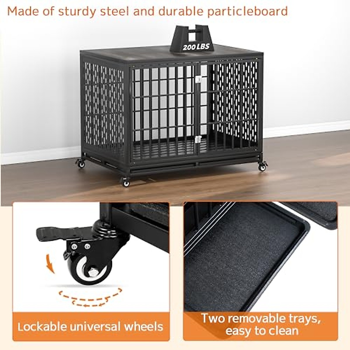 rehomerance 42" Heavy Duty Dog Crate for Large Medium Dogs, Furniture Style cage with 2 Removable Trays, 4 Lockable Wheels and 2 Locks, Decorative Pet House Wooden Cage Kennel Furniture Indoor