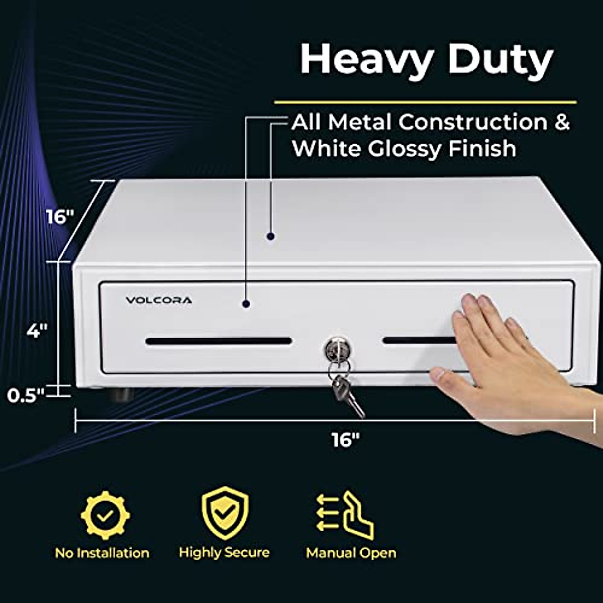 16" Push Open Cash Register Drawer for Point of Sale (POS) System, White Heavy Duty Till with 5 Bills/8 Coin Slots, Key Lock and Double Media Slots