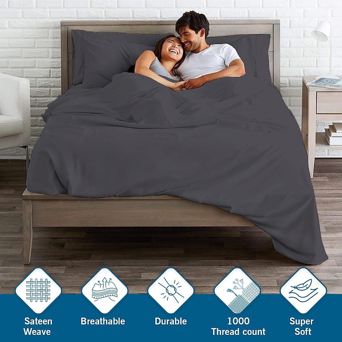 Saaz Linen 1000 Thread Count King Size Sheet Set - 100% Egyptian Cotton Hotel Luxury Collection Bedding Sheets - Fits Upto 16 Inch Deep Pocket - Sateen Weave Solid 4 Piece Sheets Set (Dark Grey)