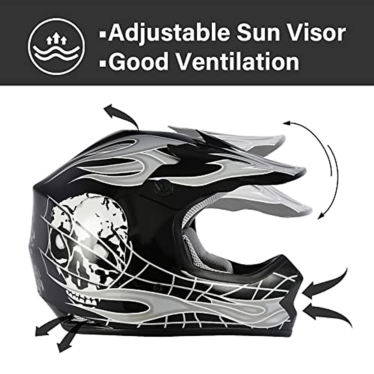 TCT-MOTORPARTS Black Skull Boy DOT Kids Youth Motocross Helmets ATV Off-Road Dirt Bike Motorcycle Full Face Helmet+Gloves+Goggles X-Large