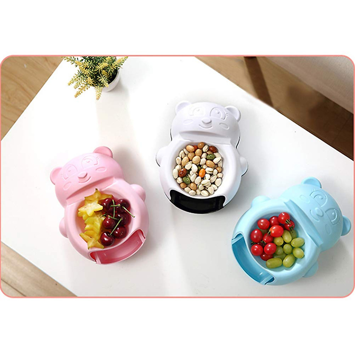 Hemoton Double Layer Snack Bowl with Phone Holder Bear Shape Lazy Candy Dish Nut Serving Plate Organizer for Pistachio Sunflower Seeds Edamame (Pink)