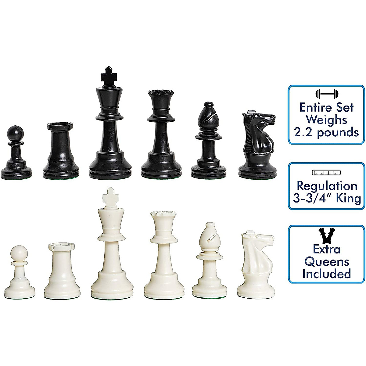 US Chess Federation's Triple Weighted Tournament Staunton Black and White Plastic Chess Pieces - 3.75" King