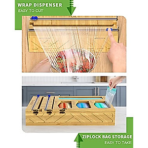 Bamboo Ziplock Bag Storage Organizer, 6 In 1 Foil and Plastic Wrap Organizer for Kitchen Drawer, Uamector  Aluminum Foil Dispenser with Cutter, Compatible within 12" Roll 