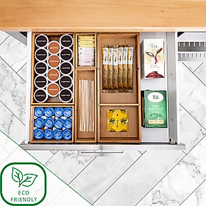 Seville Classics Bamboo Premium Organizer Storage Bins for Kitchen Silverware, Pantry, Closet, Office Desk, Pens, Utensils, Makeup, K Cup, Bamboo, Bin Set w/Dividers (5 Piece)