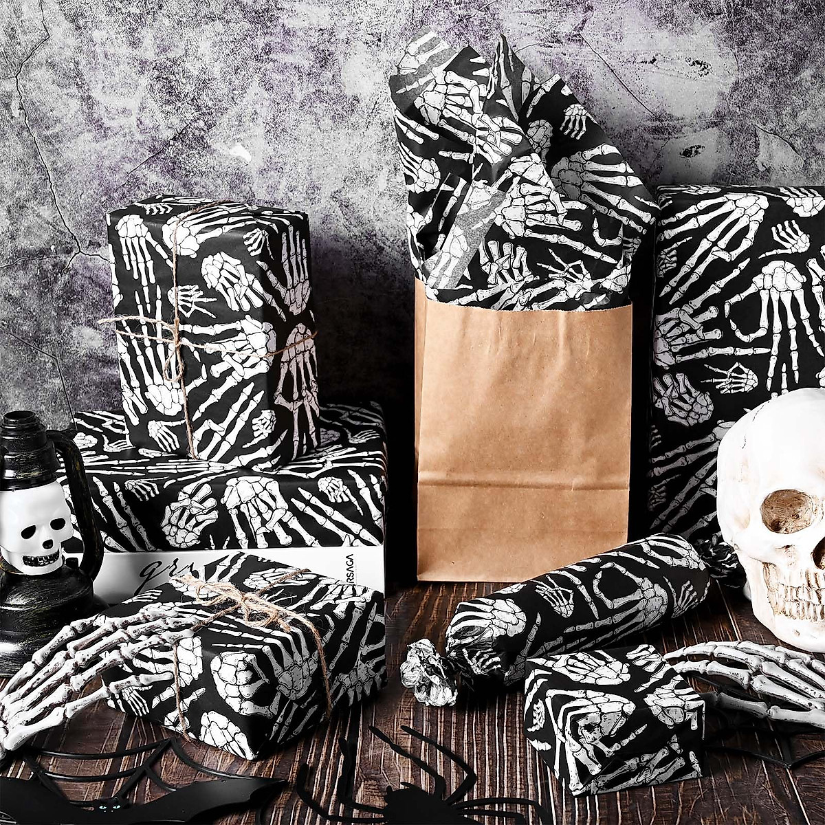 100 Sheets 20 * 14 Inches Halloween Tissue Paper for Gift Wrapping Black White Skeleton Hands Tissue Paper for Gift Bags Spooky Decorative Tissue for Halloween Party DIY Craft