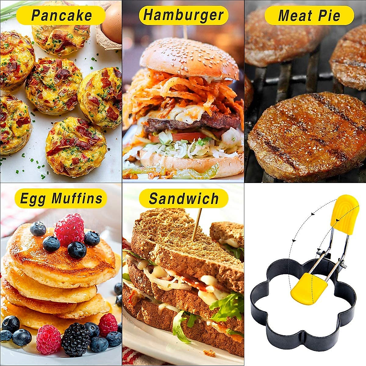 Egg Ring for Frying Eggs, Stainless Steel Egg Cooking Rings with Anti-scald Handle, Non-stick Egg Shaper Molds for Omelet, Breakfast Tool for Pancake, Sandwich Burger, Crumpet Ring–4 Different Shapes