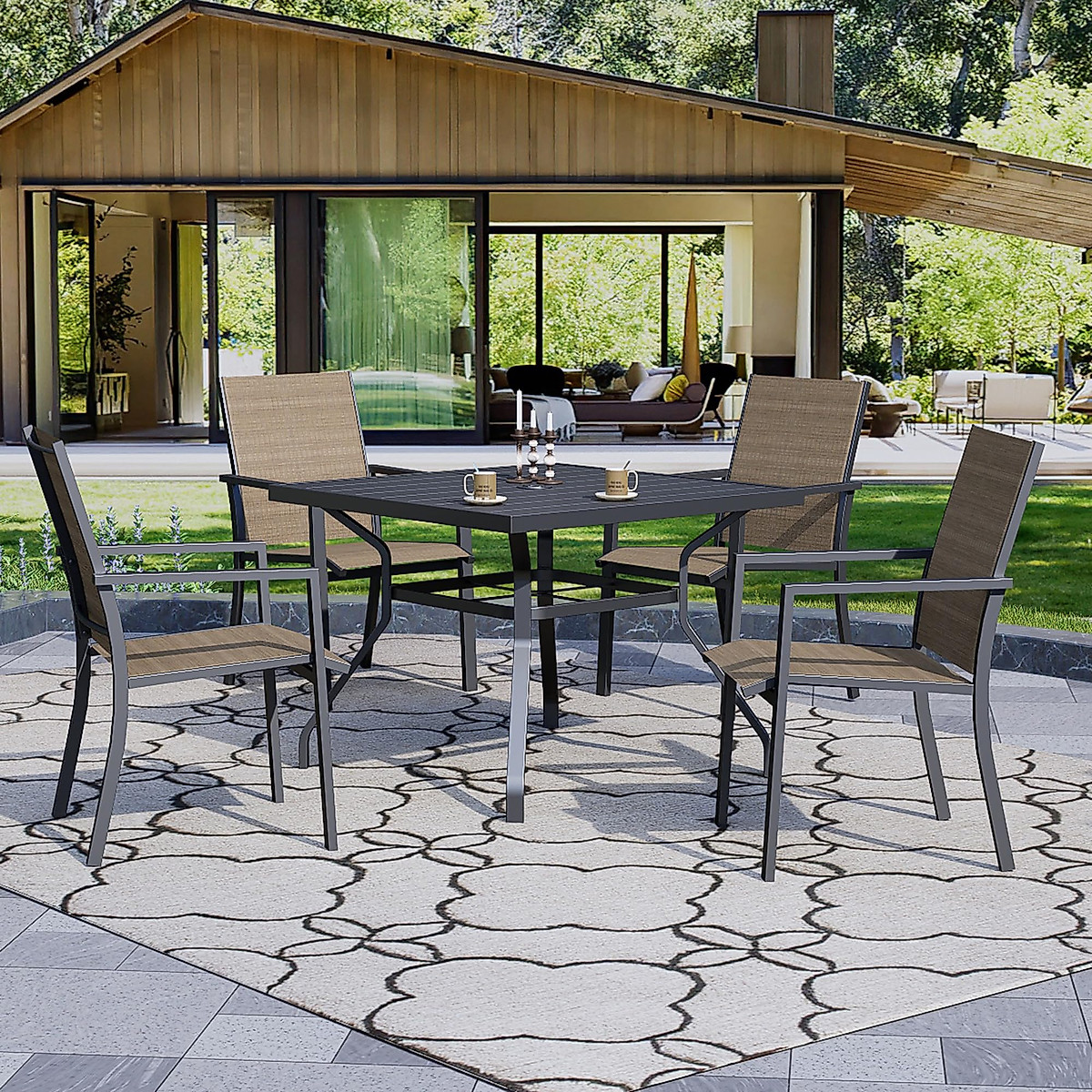 Anmutig 5 Piece Outdoor Patio Dining Set, 4 Textilene Chairs & 1 Square Dining Table for Backyard Front Porch Pool Deck Outdoor Furniture Set - Light Brown