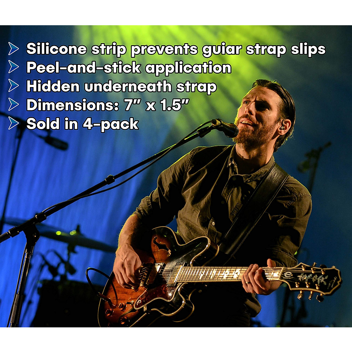 Guitar Gummy™ The ORIGINAL Guitar Strap Non Slip Grip Strip Pad; Prevent Neck Dive - SET of 4 PIECES; Large Black (Black)