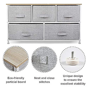 Wide Drawer Dresser Storage Organizer - CERBIOR 5-Drawer Closet Shelves, Sturdy Steel Frame Wood Top with Easy Pull Fabric Bins for Clothing, Blankets- Grey