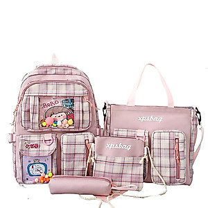 LaurelTree Kawaii Aesthetic Cute 4pcs School Bags Set with Accessories School Suppliers for Teens Girls Backpack Tote Bag (Pink)