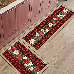 Poinsettia Flower Kitchen Mats Anti Fatigue 2 Piece, Kitchen Mats for Floor, Comfort Mat for Kitchen Floor, Non Skid Mats for Kitchen,Office,Sink,Oven,Laundry, Christmas Farmhouse Red Black Check
