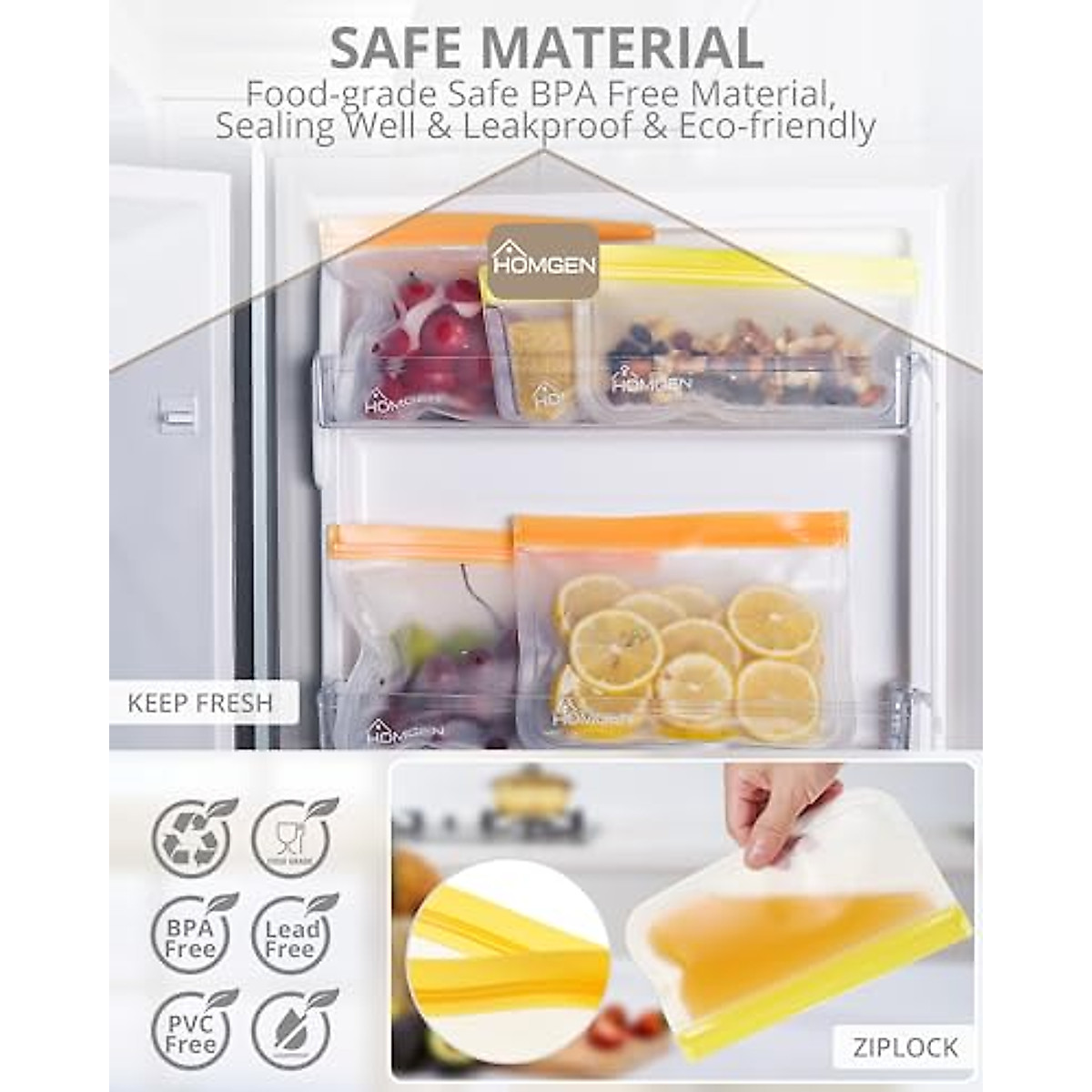 HOMGEN Reusable Storage Bags, 26Pcs BPA Free PEVA Fridge Reusable Storage Bags Leak Proof Resuable Freezer Bags, Reusable Gallon Bags, Reusable Sandwich Bags for Meat Fruit Veggies etc
