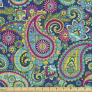 Ambesonne Paisley Fabric by The Yard, Ornate Traditional Teardrop Elements Details in Bohemian Design Print, Decorative Fabric for Upholstery and Home Accents, 2 Yards, Pink Blue