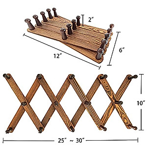 AITUFIY Expandable Coat Rack Hanger Wooden Accordion Wall Mounted Retro Wood Hat Rack 14 Pegs Hooks Hang Jacket,Coffee Mugs,Caps,Leash,Towel,Belt,Umbrella,Scarf,Bag (Carbon Brown)