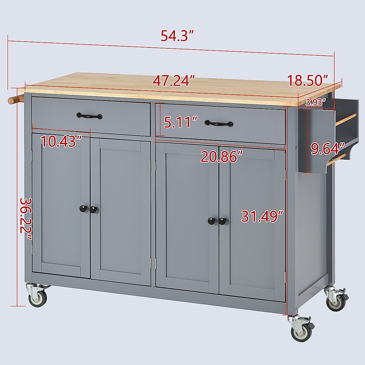 LETESA Rolling Mobile Kitchen Island 54.3'' with Solid Wood Top and 2 Locking Wheels, Adjustable Storage Shelves 4 Door Cabinet and Two Drawers Spice Rack, Towel Rack for Dining Room (Blue)