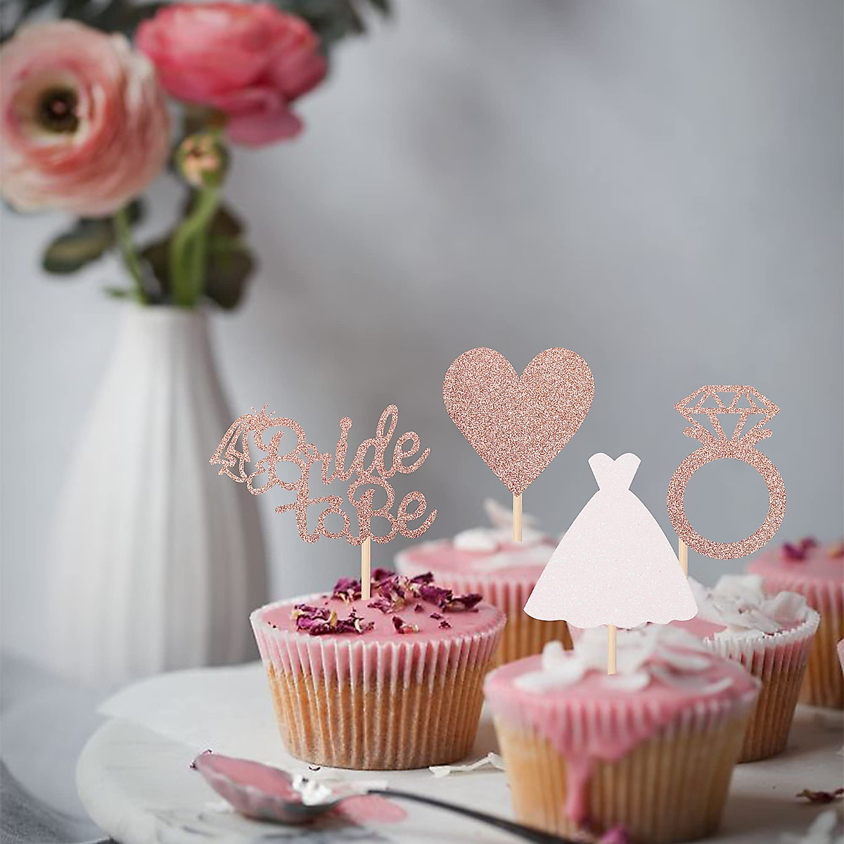 24 PCS Bride to Be Cupcake Toppers with Heart Ring Dress Bridal Shower Cupcake Picks Wedding Engagement Bachelorette Party Cake Decorations Supplies