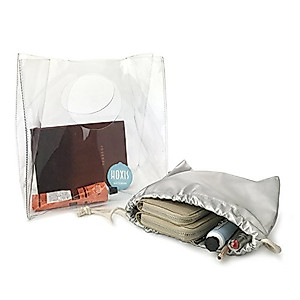 HOXIS Minimalist Clear Handbag Women's Clutch with Pu Leather Drawstring Pouch (Silver) Medium