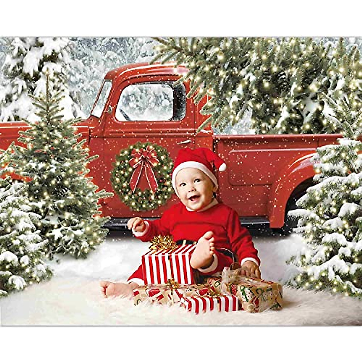 Funnytree 82" x 59" Christmas Red Truck Backdrop Winter Snowy Forest Tree Background Xmas Let it Snow Seasonal Baby Shower Birthday Party Banner Decor Portrait Photobooth Prop Gift Supplies Favors