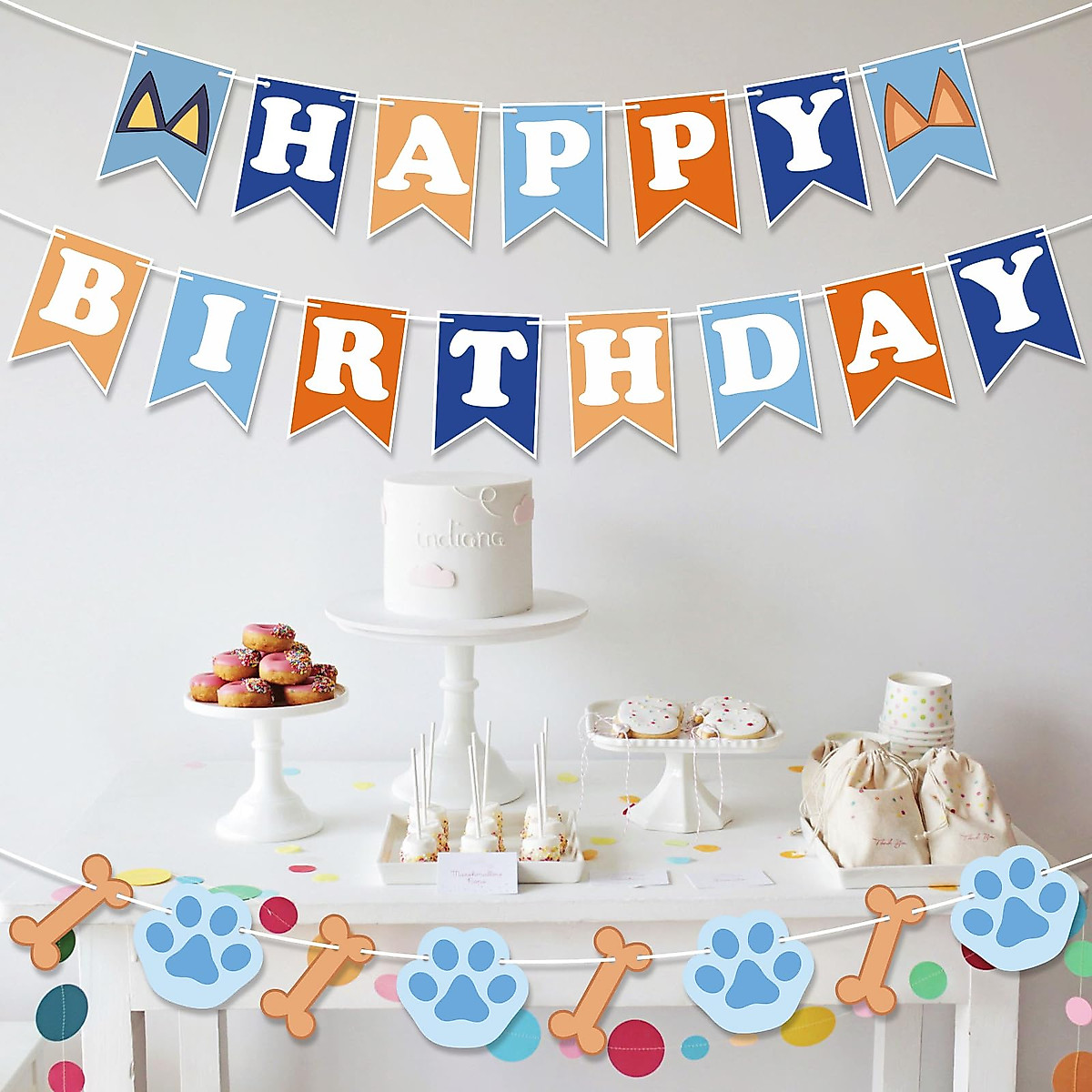 Stcomart Pre-Strung Blue Dog Happy Birthday Banner - No DIY Required, 6ft Multi-Color Letters for Kid Boy and Girl Blue Dog Happy Birthday Party Supplies