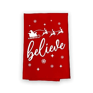 Honey Dew Gifts, Believe, Cotton Flour Sack Towel, 27 x 27 Inch, Made in USA, Christmas Dish Towels, Red Hand Towels, Christmas Kitchen Decor, Holiday Towels Bathroom, Santa Claus Decoration