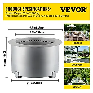 VEVOR Smokeless Fire Pit, 21.5 inch Outer Diameter / 15.6 Inner Diameter Stove Bonfire, Stainless Steel Smokeless Fire Bowl, Portable Wood Burning Fire Pit for Picnic Camping Parties