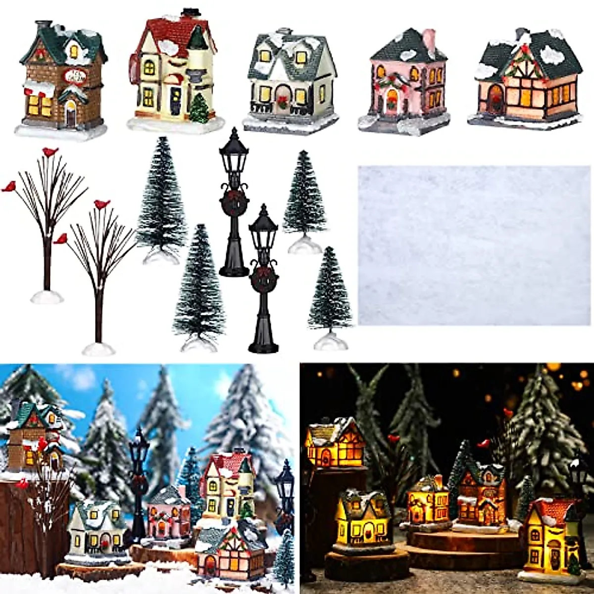 Queekay Christmas Winter Village Houses Set Christmas Miniature Resin Ornament Kits Cedar Bare Branch Tree Street Lamp Room Decor(Retro Style)