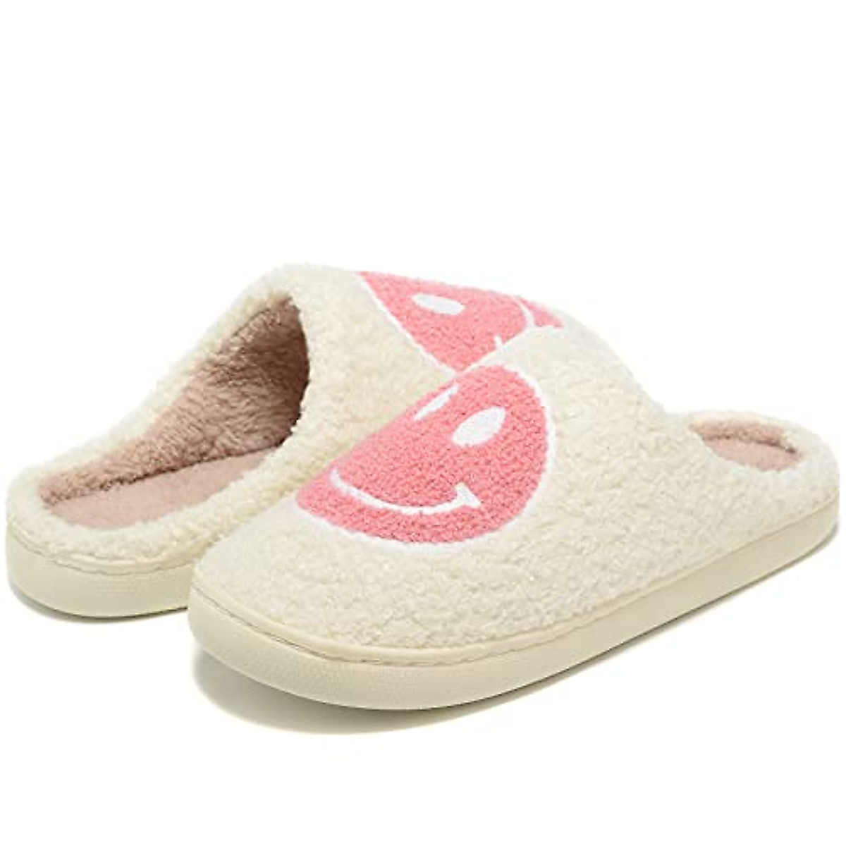 Retro Fuzzy Face Slippers for Women Men, Retro Soft Fluffy Warm Home Non-Slip Couple Style Casual Smiley Face Slippers Indoor Outdoor Anti-Skid Warm Cozy Foam Slide Fuzzy Slides with Soft Memory Foam Shoes
