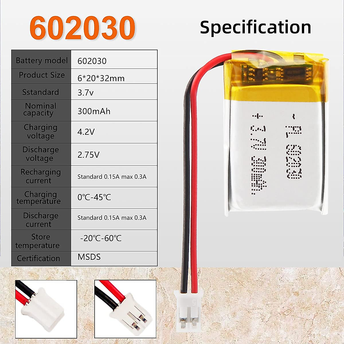 WALKINGLY 3.7V 300mAh 602030 Lipo Battery Rechargeable Lithium Polymer ion Battery Pack with PH2.0mm JST Connector