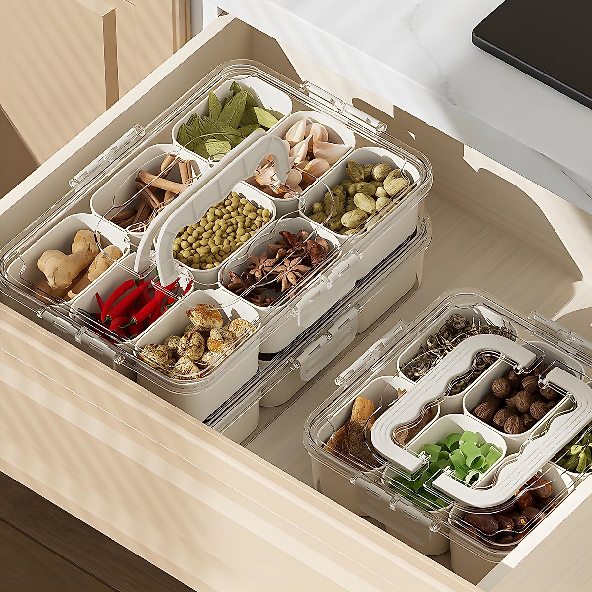 Divided Veggie Tray with Lid and Handle 9 Compartment Serving Tray with Dividers Portable Travel Snack Containers Stackable Snackle Box Charcuterie Container for Fruit,Vegetable,Salad (9 Containers)