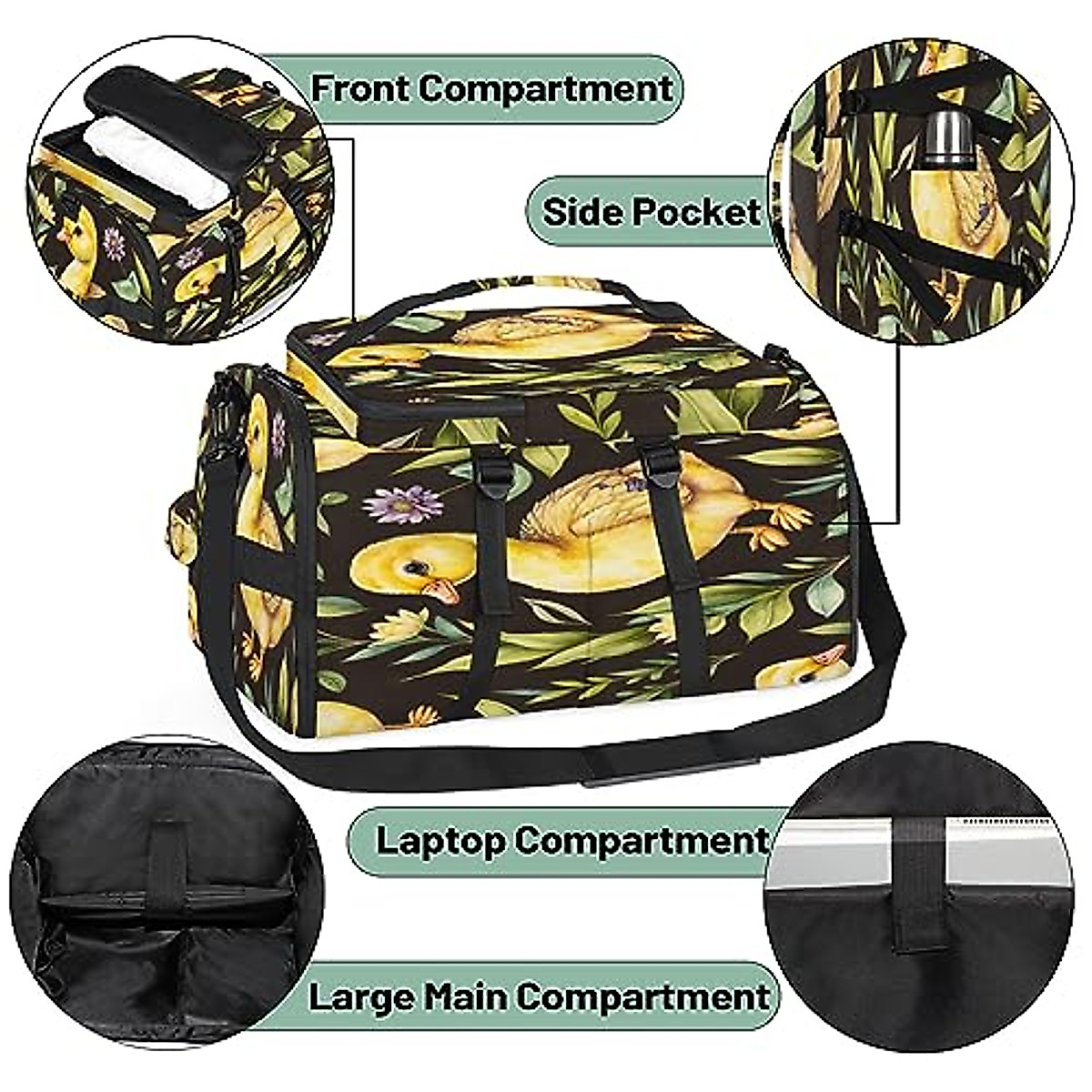 Yellow Duckling Flowers Vintage Style Gym Duffle Bag for Traveling Sports Tote Gym Bag with Shoes Compartment Water-resistant Workout Bag Weekender Bag Backpack for Men Women