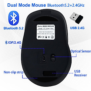 Wonzir Rechargeable Wireless Mouse,Bluetooth 5.2 & 2.4G Portable Optical Mouse with USB Receiver,3 Adjustable DPI for Laptop,MacBook,PC,Windows, iPad,Android OS System (Black)