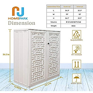 HOMSPARK Medium Resin Storage Cabinet Waterproof, 60-Gallon Indoor & Outdoor Deck Box for Garden Tools, kitchen Accessories, with 2 Laminate Shelves, (34 in. L x 15 in. W x 36 in. H, Light Beige)