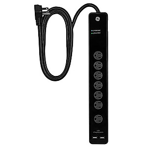 GE Surge Protector, 7 Outlet Power Strip, 2 USB Charging Ports, 4 ft Extension Cord, Extra Wide Adapter Spaced Outlet, Total 10W USB Charging, Flat Plug, 1500 Joules, UL Listed, Black, 25795