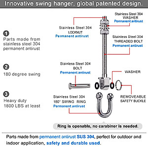 SELEWARE Set of 6 Swing Hanger, Swing Bolts M10 x 9.3", Stainless Steel Heavy Duty Swing Hooks for Wood and Steel Beam Yoga Hammock Chair Porch Swing Sets Seat, 1800LB Capacity
