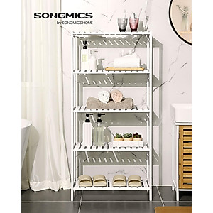 SONGMICS Bamboo Storage Shelf, 5-Tier Shelving Unit, Multifunctional, in The Entryway, Bathroom, Living Room, Balcony, Kitchen, 10.2 x 23.6 x 51.2 Inches, White UBCB35WT