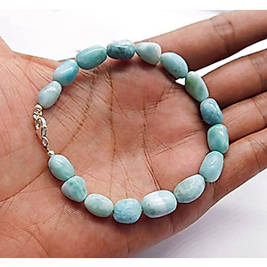 AAA+ Blue Larimar Tumble Beads Bracelet-Smooth Nuggets Beads jewelry-Blue Ocean Men Women Bracelet-Dominican Republic Beads 8 inch Bracelet