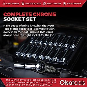 Olsa Tools Metric Socket Set (18pc) | 1/2-Inch Drive | 6-Point Deep Socket Set | Metric Sizes from 10 mm to 27 mm | Mechanic Metric Socket Sets | Long Chrome Sockets | Professional Grade