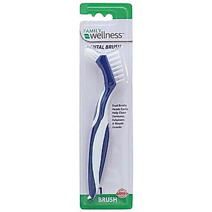 Family Wellness Denture Cleaning Brush, Dual Bristle Heads, with Deep Clean Pick, Assorted Colors